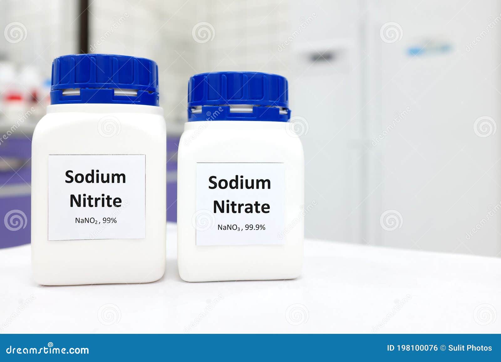 Selective Focus of Bottles of Pure Sodium Nitrite and Nitrate Chemical ...