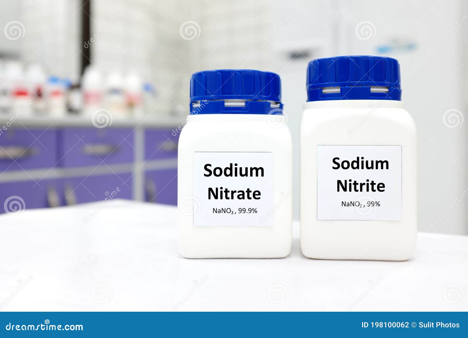 Selective Focus of Bottles of Pure Sodium Nitrite and Nitrate Chemical ...