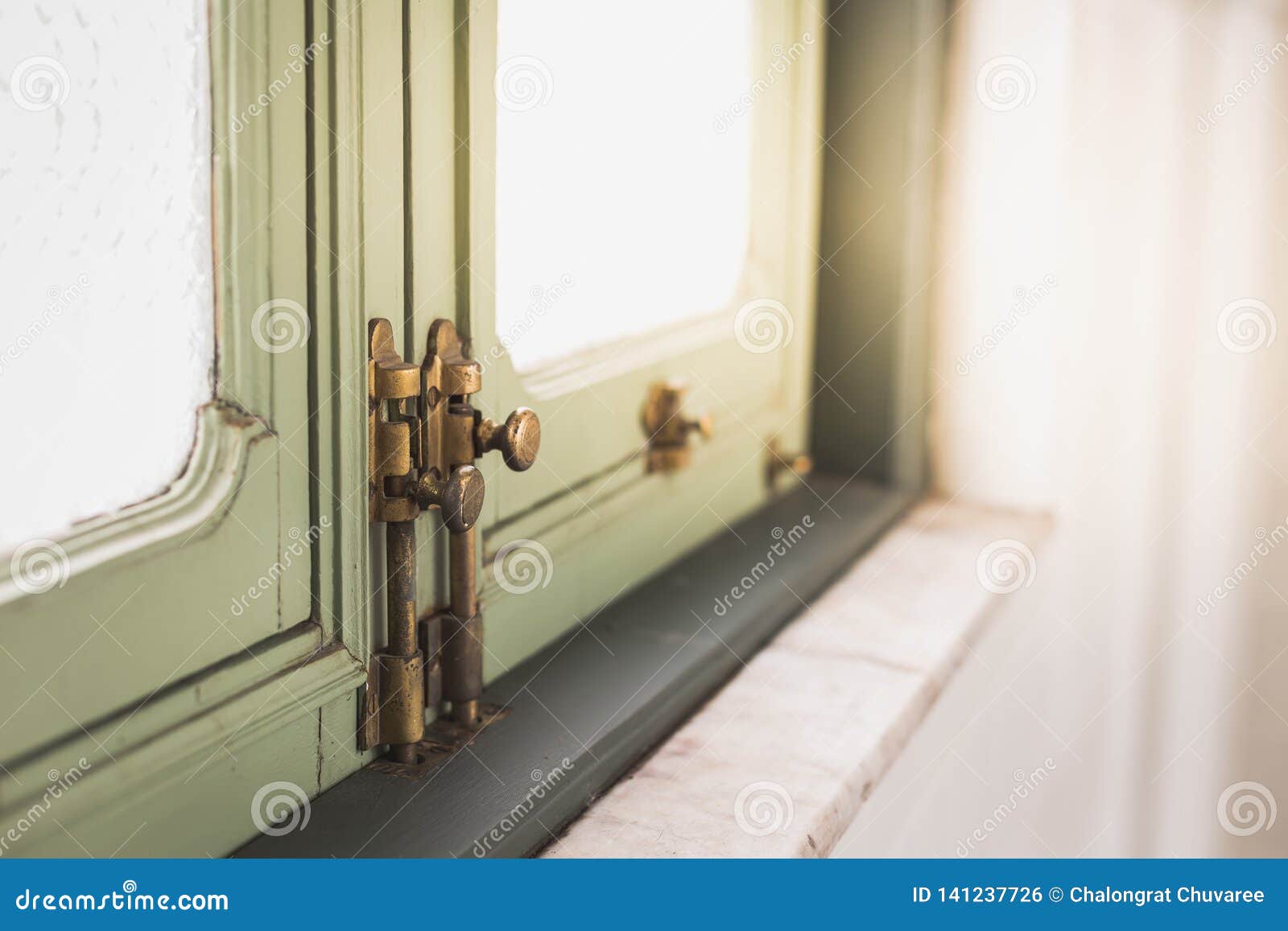Brass Bolt on Antique Window Stock Photo - Image of green, detail ...
