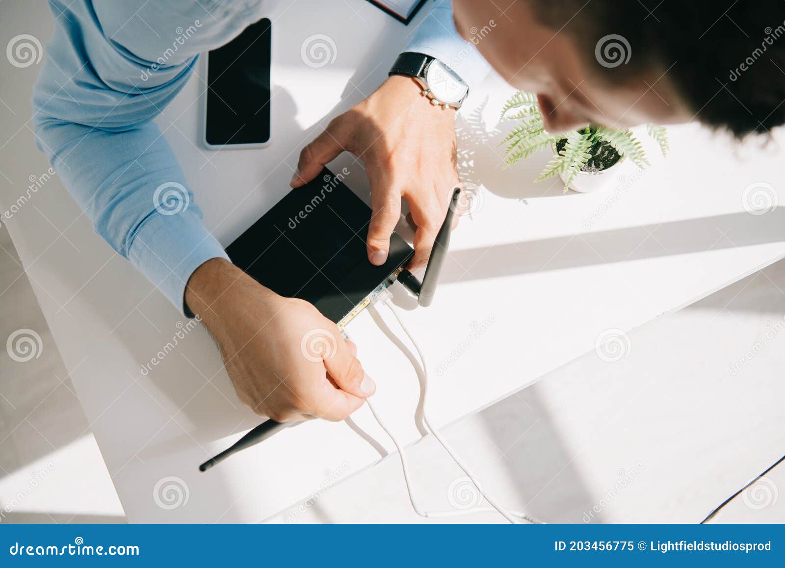 Selective Focus of Businessman Plugging Router Stock Image - Image of ...