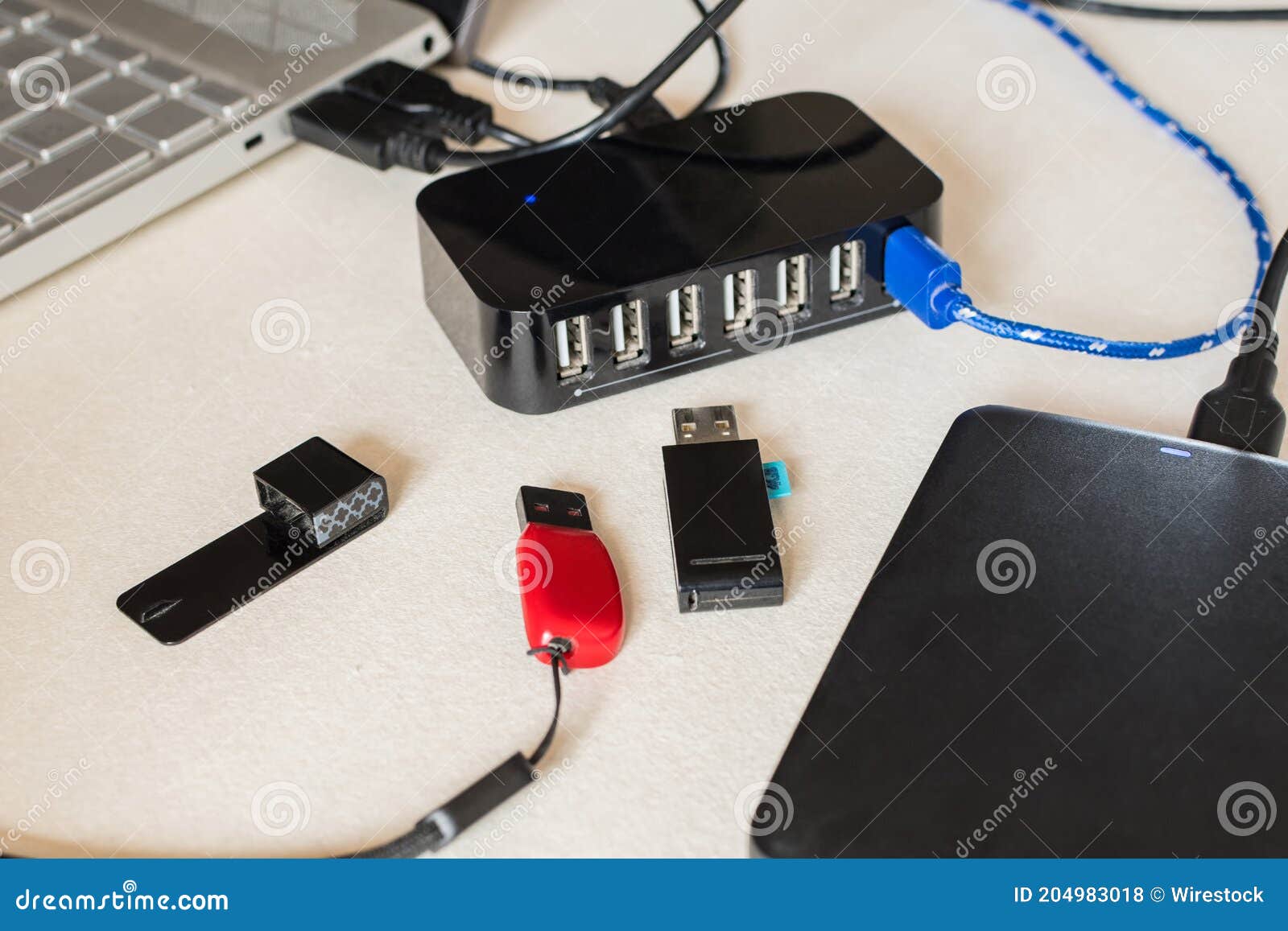 Selective Focus Closeup of Flash Drives, and Multiple USB Ports on the ...