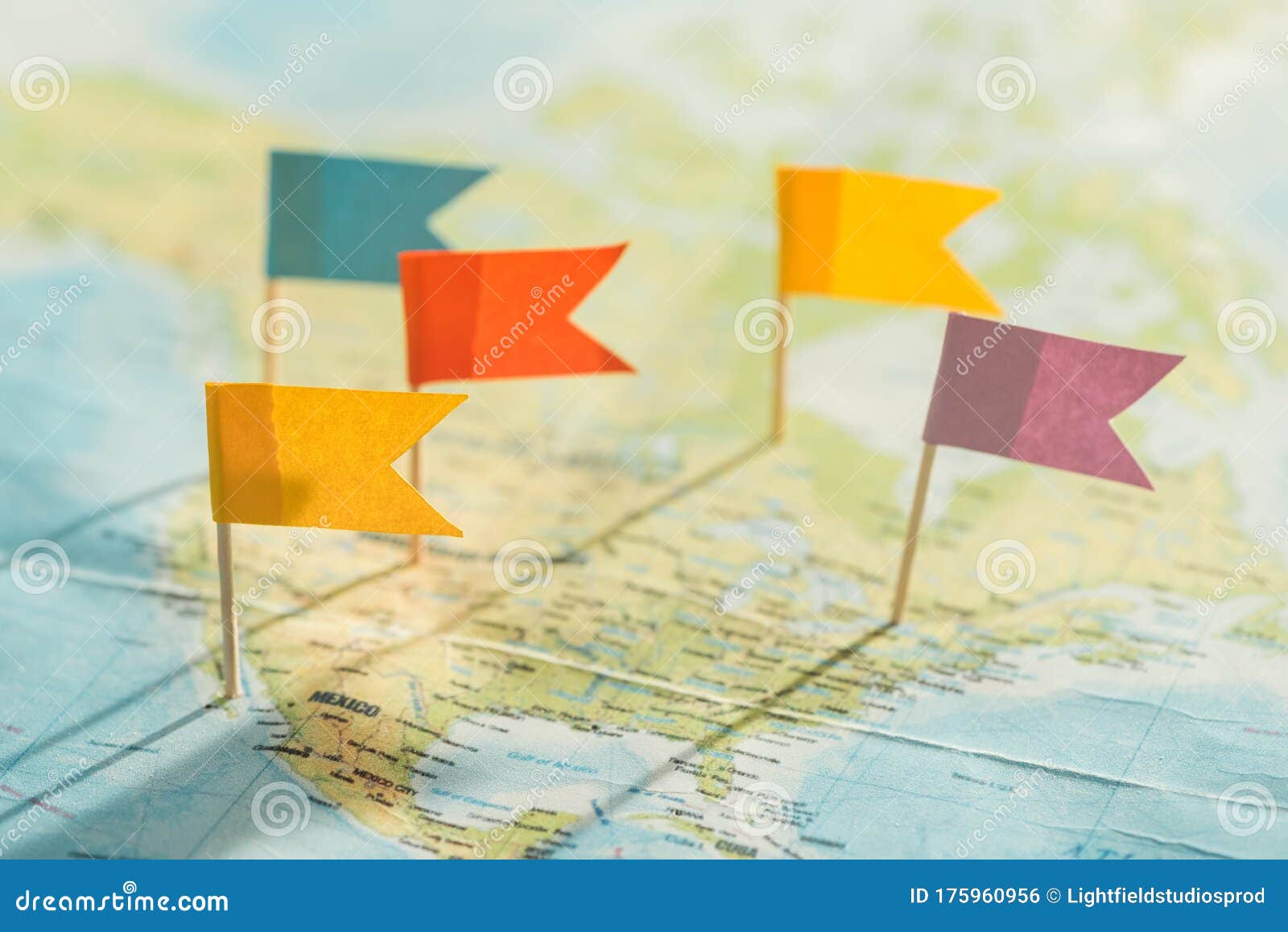 Selective Focus of Colorful Flags and Strings on World Map. Stock Photo ...