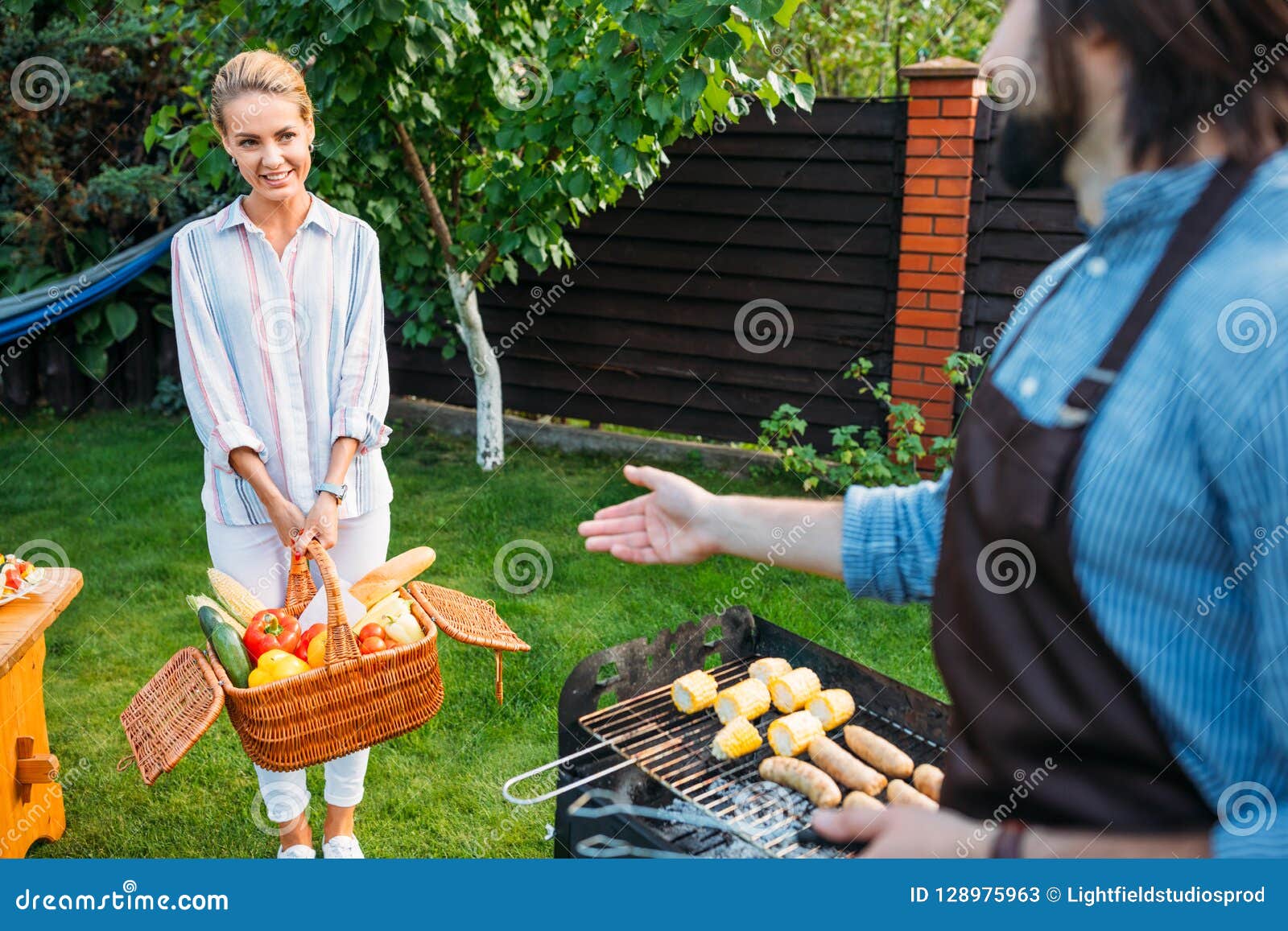 Selective Focus of Couple Having Barbecue on Backyard Stock Image ...