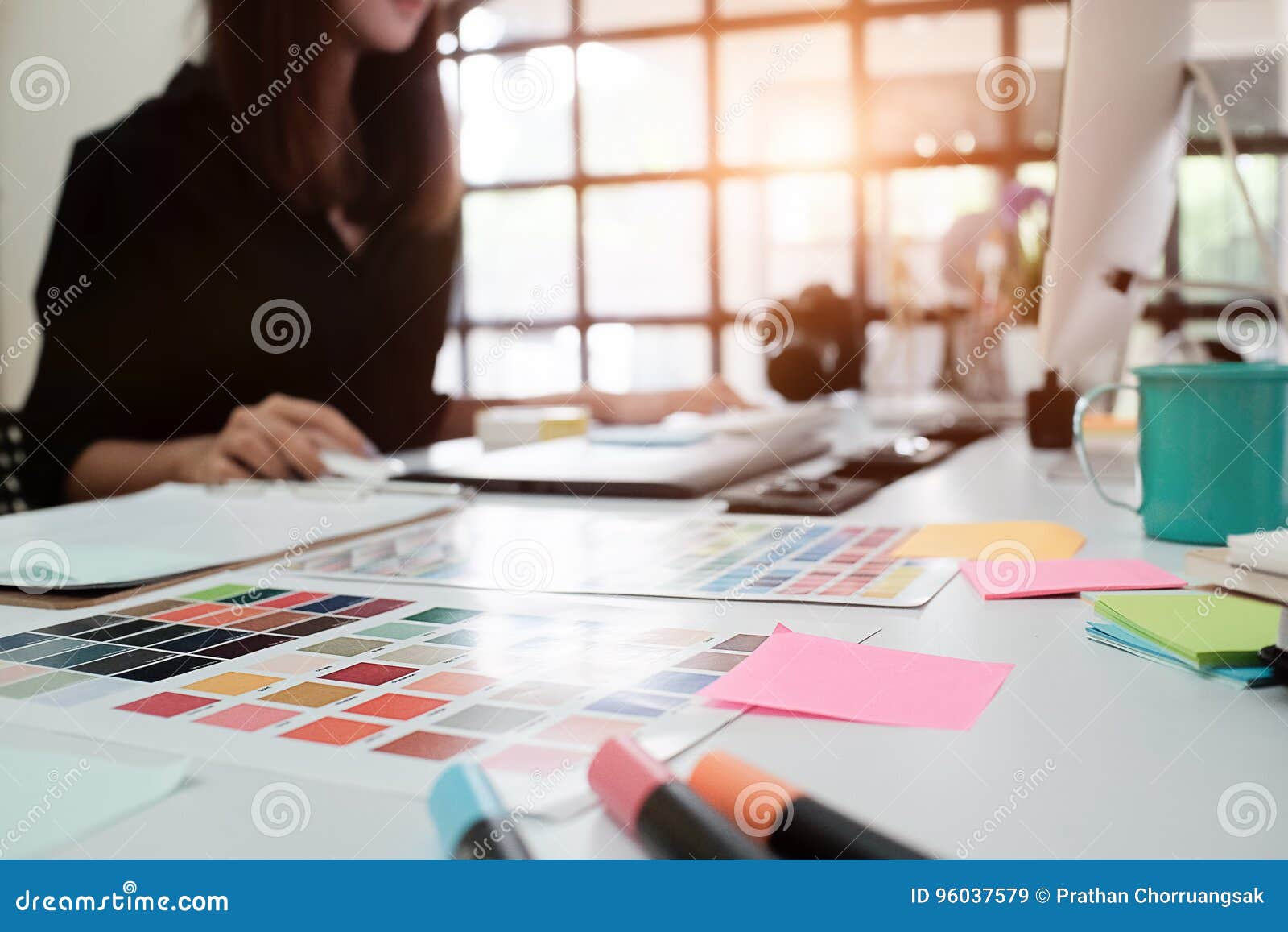 Selective Focus on Creative Table and Woman Graphic Design Blur Stock ...
