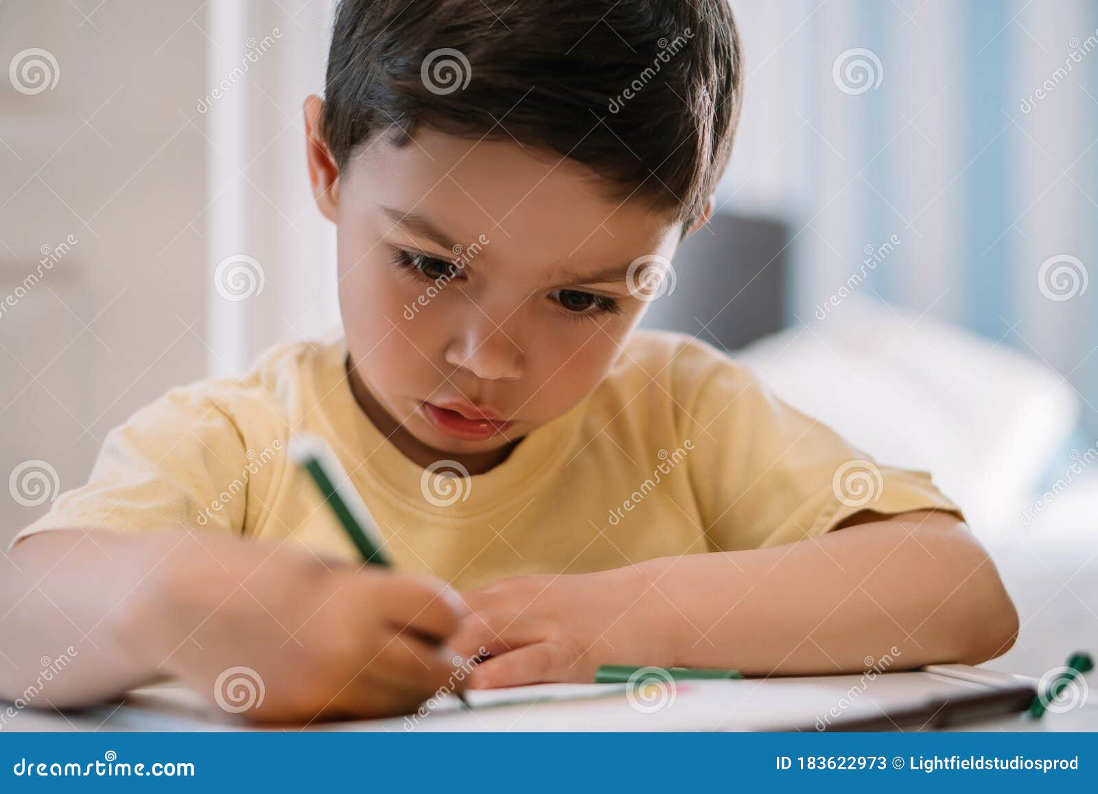 Selective Focus of Cute, Focused Boy Stock Image - Image of draw, home ...