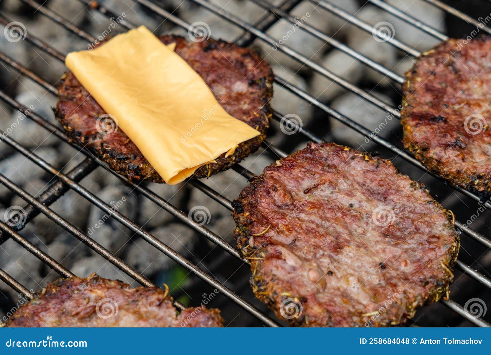 Selective Focus of Fresh Delicious Burger Cutlets with Cheese Grilling ...