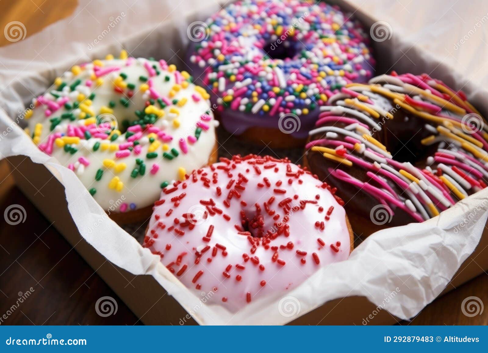 Selective Focus on Glazed Donuts with Rainbow Sprinkles in a Paper Box ...
