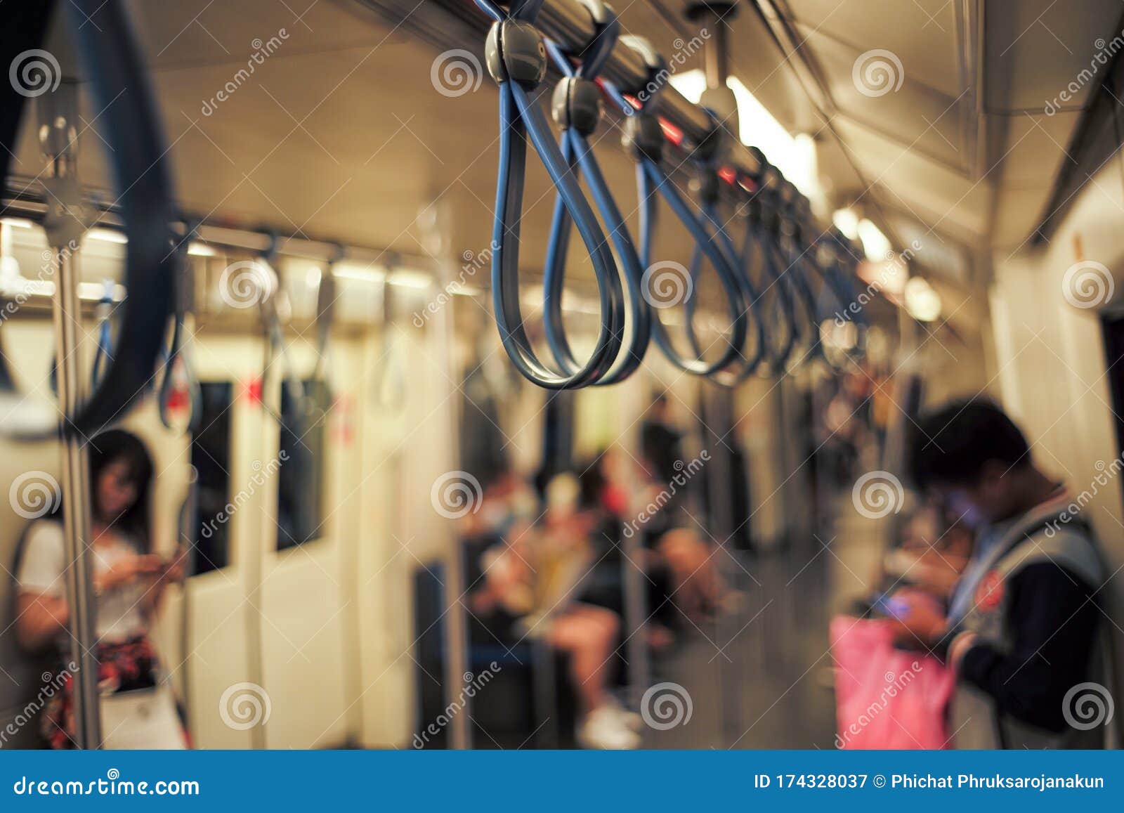 Selective Focus on Group of Handrails Inside the Train with Blurred ...