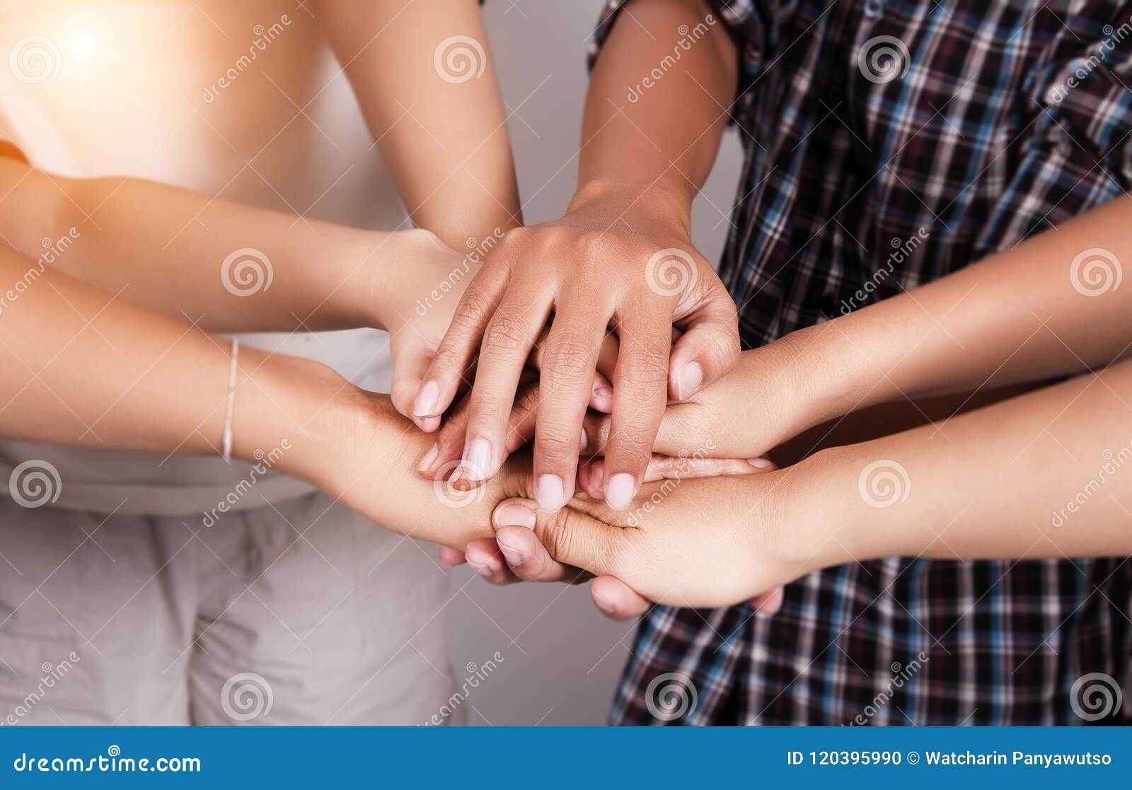 In Selective Focus of Hand Teamwork Stacked Together,Joining Team Work ...