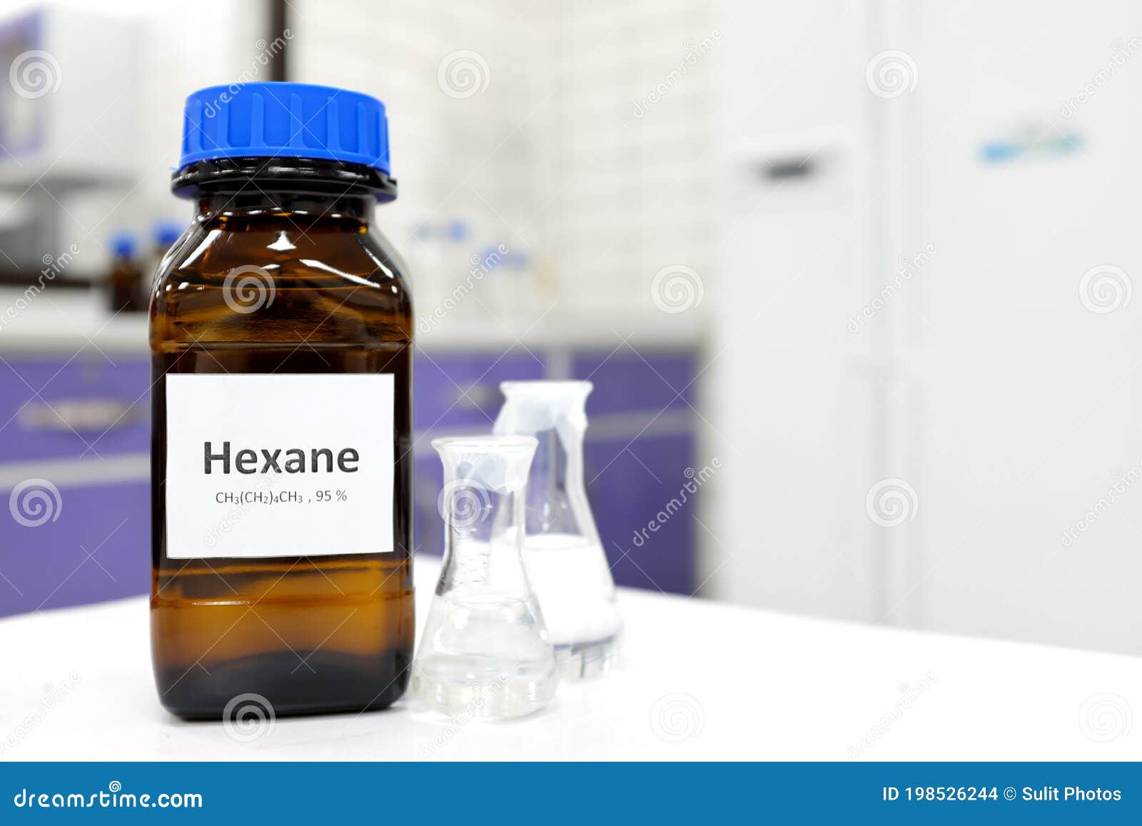 Selective Focus of Hexane Liquid Chemical Compound in Dark Glass Bottle ...