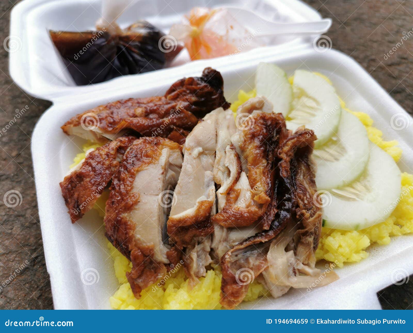 Delicious Chicken Rice in Polystyrene Packaging. Stock Image - Image of ...