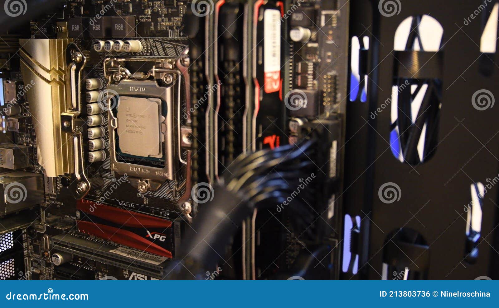 Motherboard Mini-ITX with PC Hardware and Connected Cables Stock Photo ...