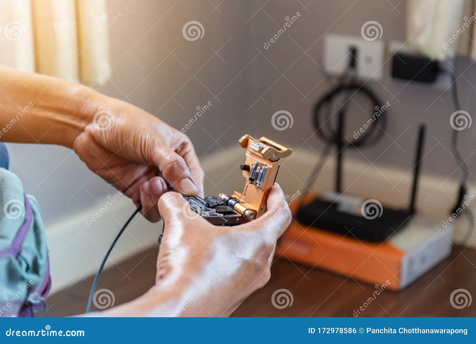 Selective Focus of Internet Technicians Man are Cutting Fiber Optic ...