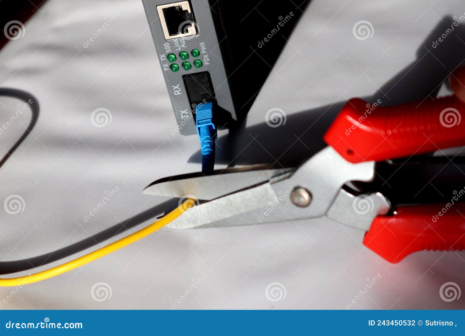 Selective Focus Scissors Cut Fiber Optic Network Cables. Cut the ...
