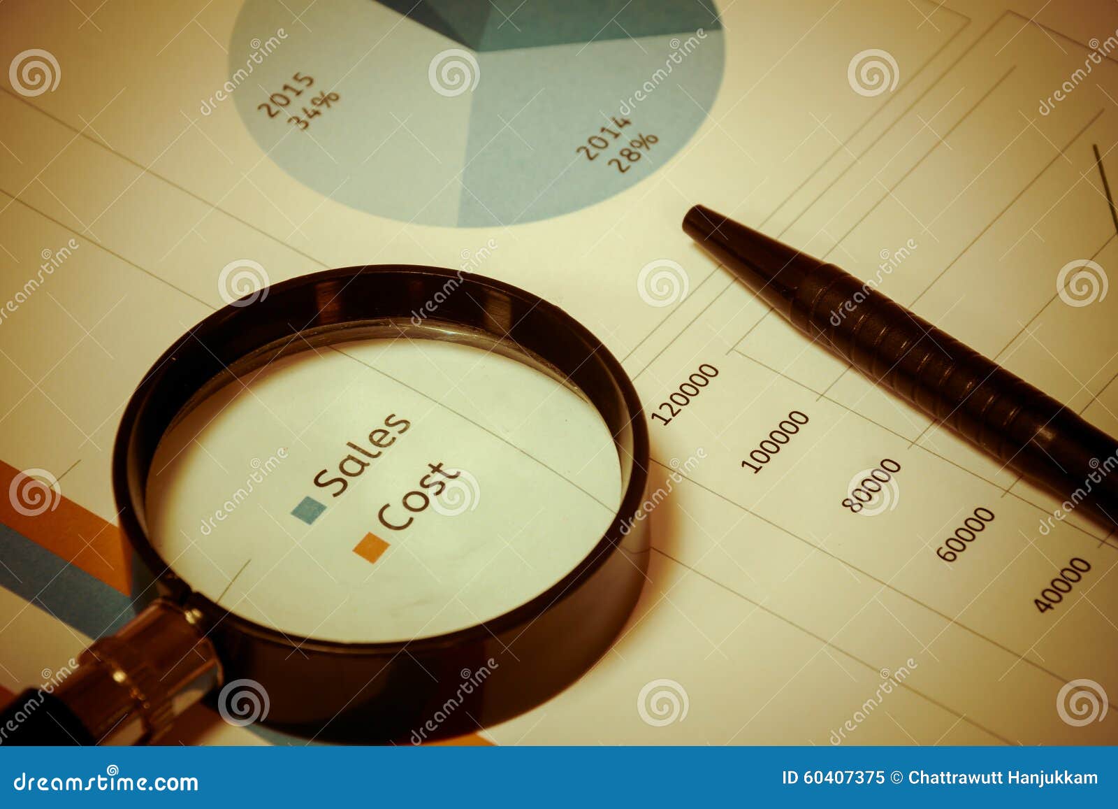 Selective Focus Magnifier Focus Text Sales,cost and Pen on Chart. Stock ...