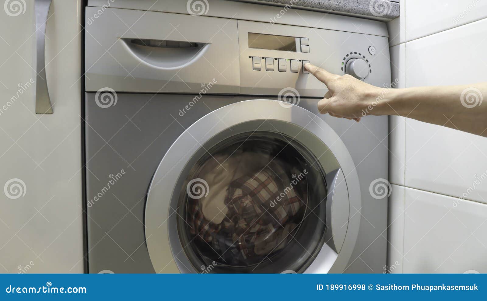 Man Hand Which Push Button Switch on Washing Machine Stock Photo ...