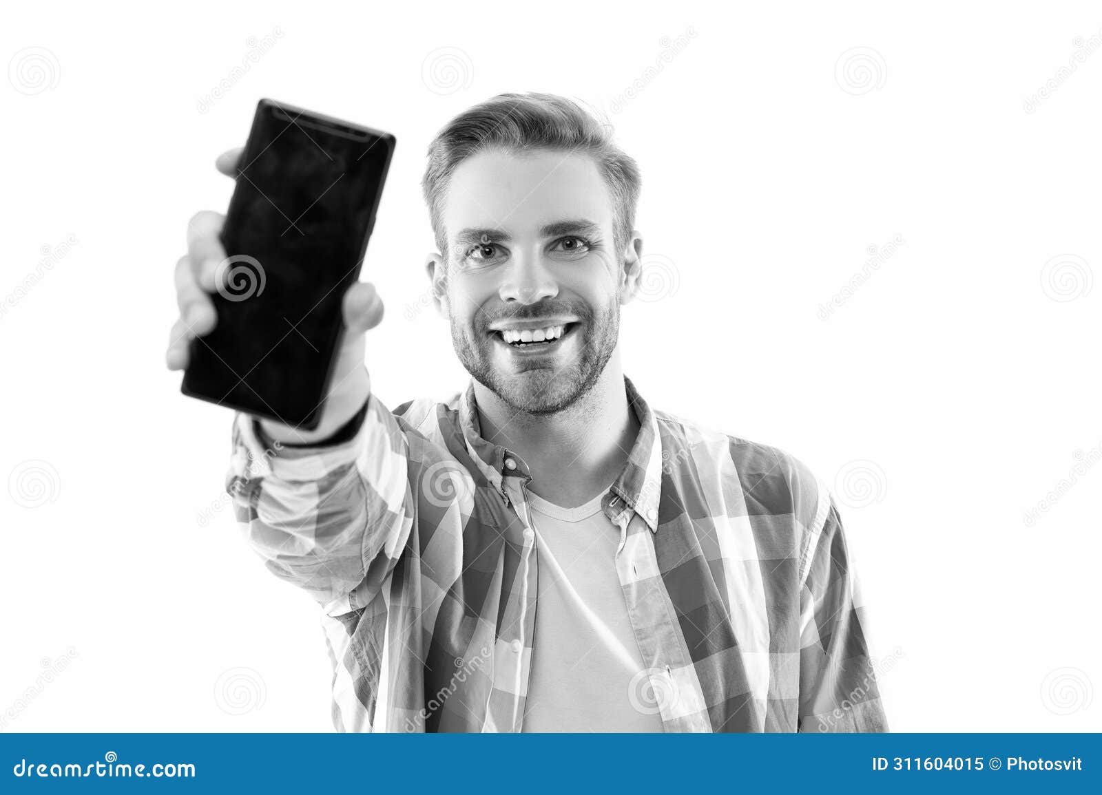 Selective Focus of Man Shows Phone Screen in Studio. Man Showing Phone ...