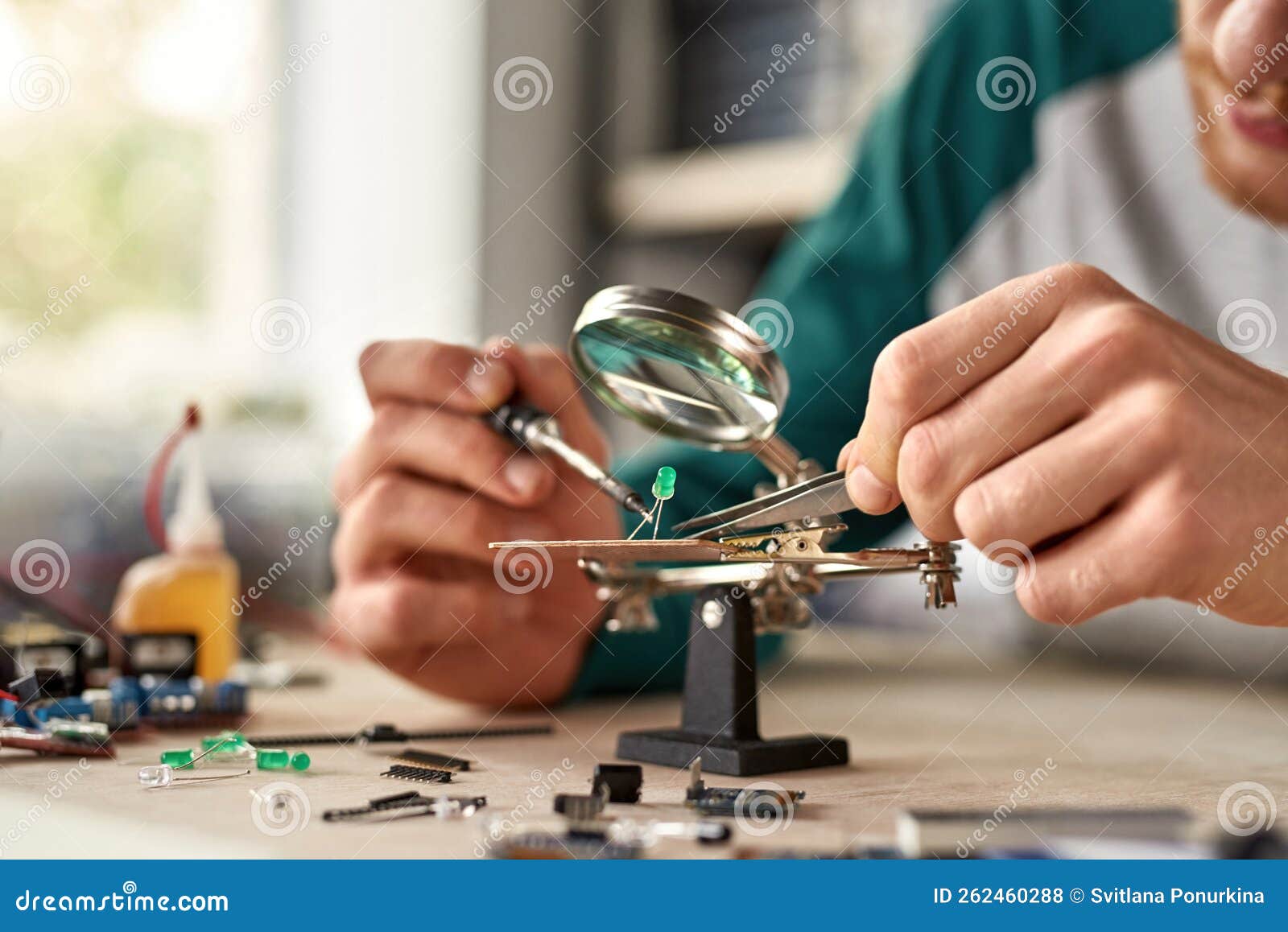 Selective Focus of Man Technician Solder Microchip Stock Photo - Image ...