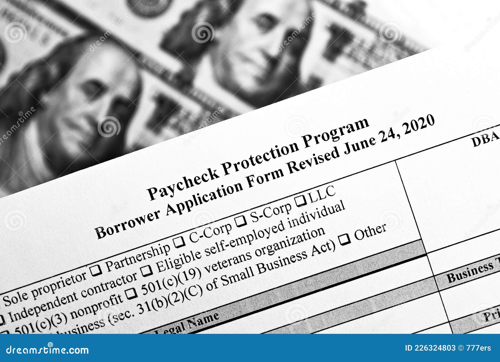 Selective Focus Monochrome Photo of Paycheck Protection Program Borrower Application Form ...