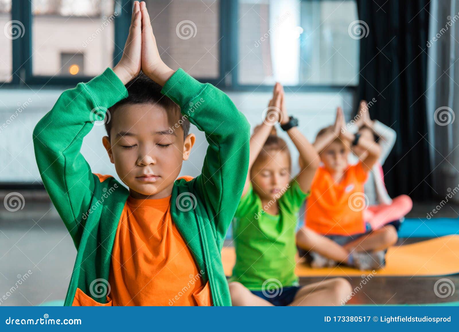 Selective Focus of Multicultural Children Meditating Stock Image ...