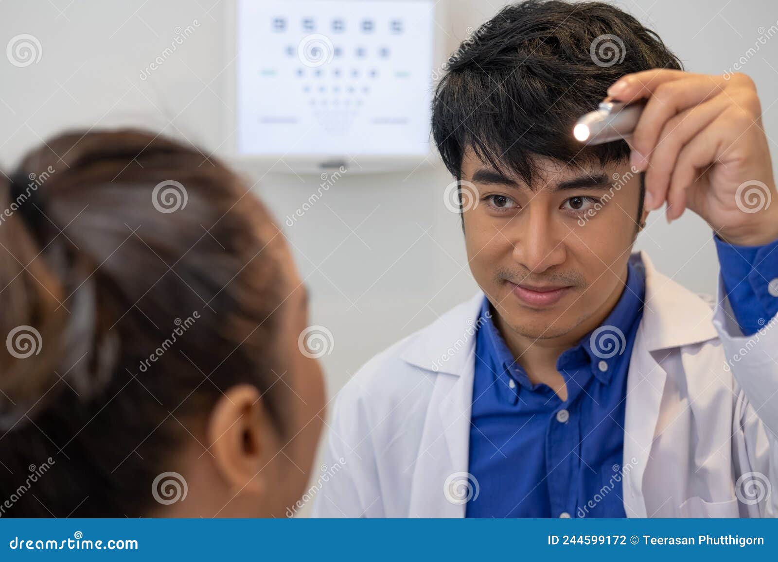 Selective Focus at Optometrist Face. while Doctor Using Penlight and ...