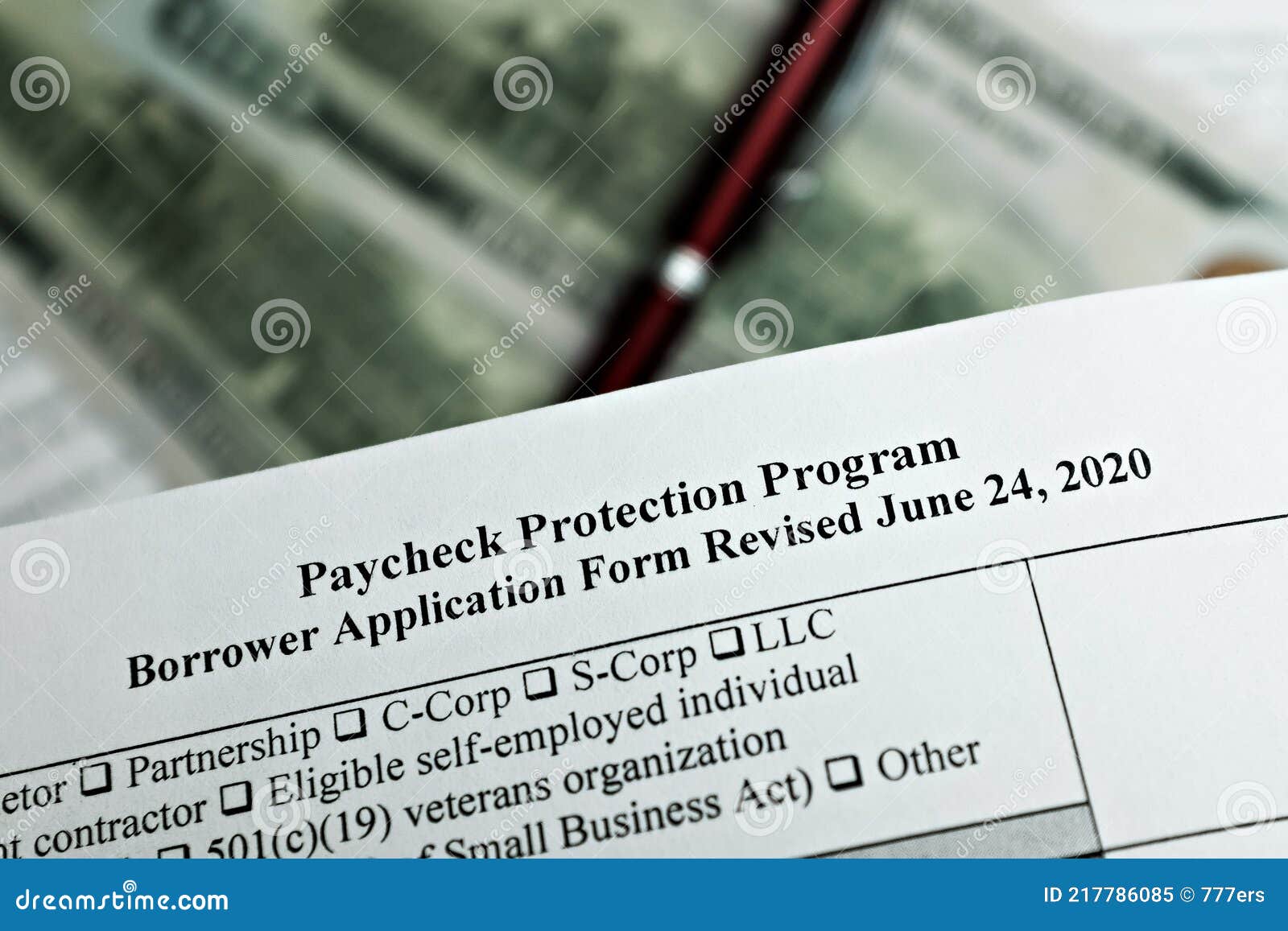 Selective Focus Photo of Paycheck Protection Program Borrower Application Form Revised, on a ...
