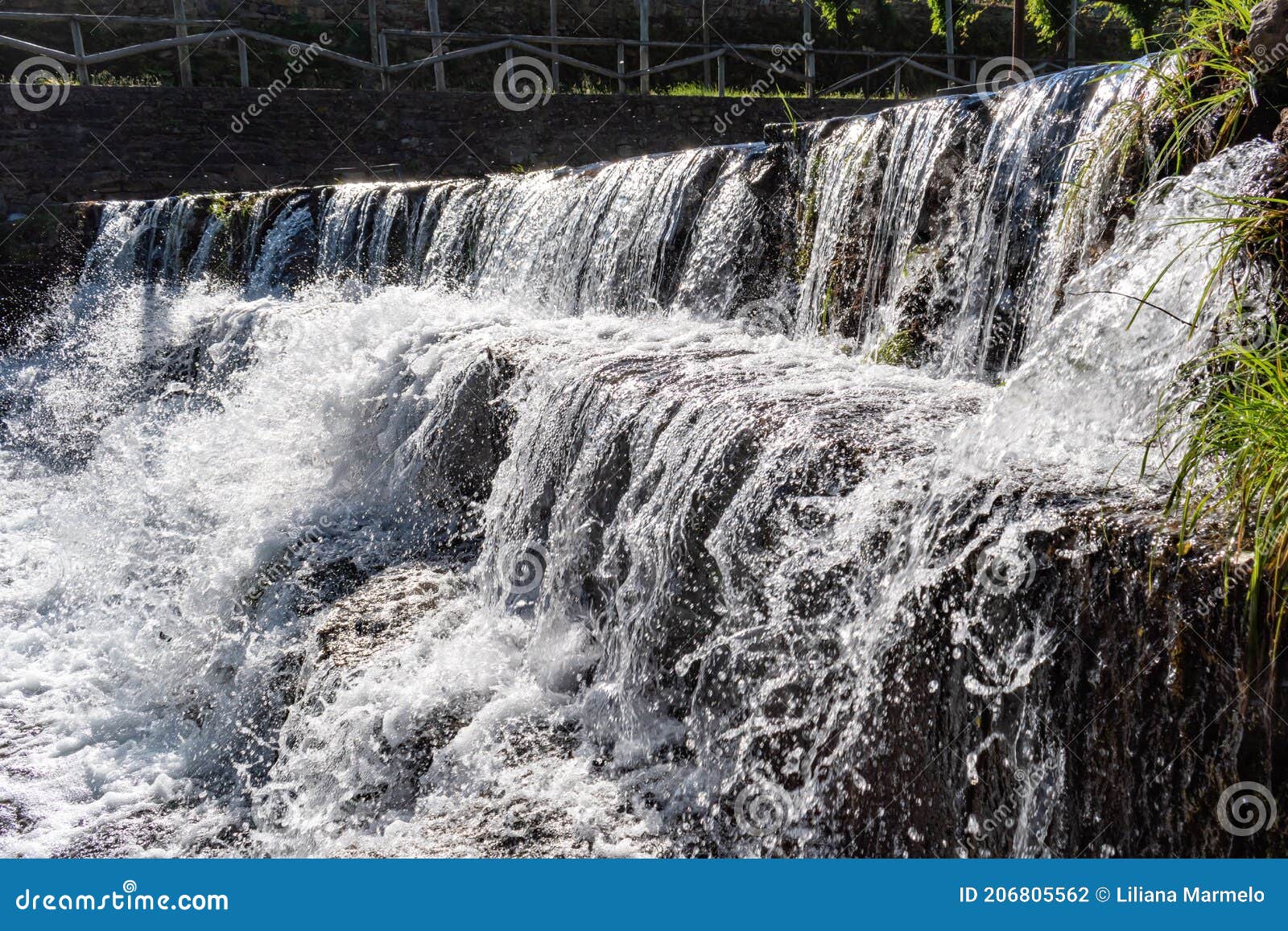 Selective Focus of a Powerful Waterfall with Stepped Splash on Dark ...