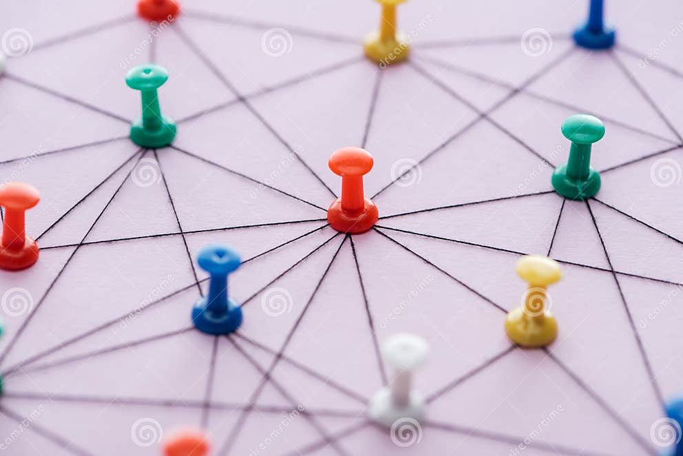 Selective Focus of Push Pins Connected with Strings Isolated on Pink ...