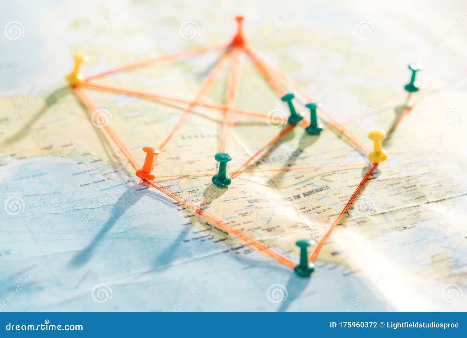 Selective Focus of Push Pins and Strings on World Map. Stock Photo ...