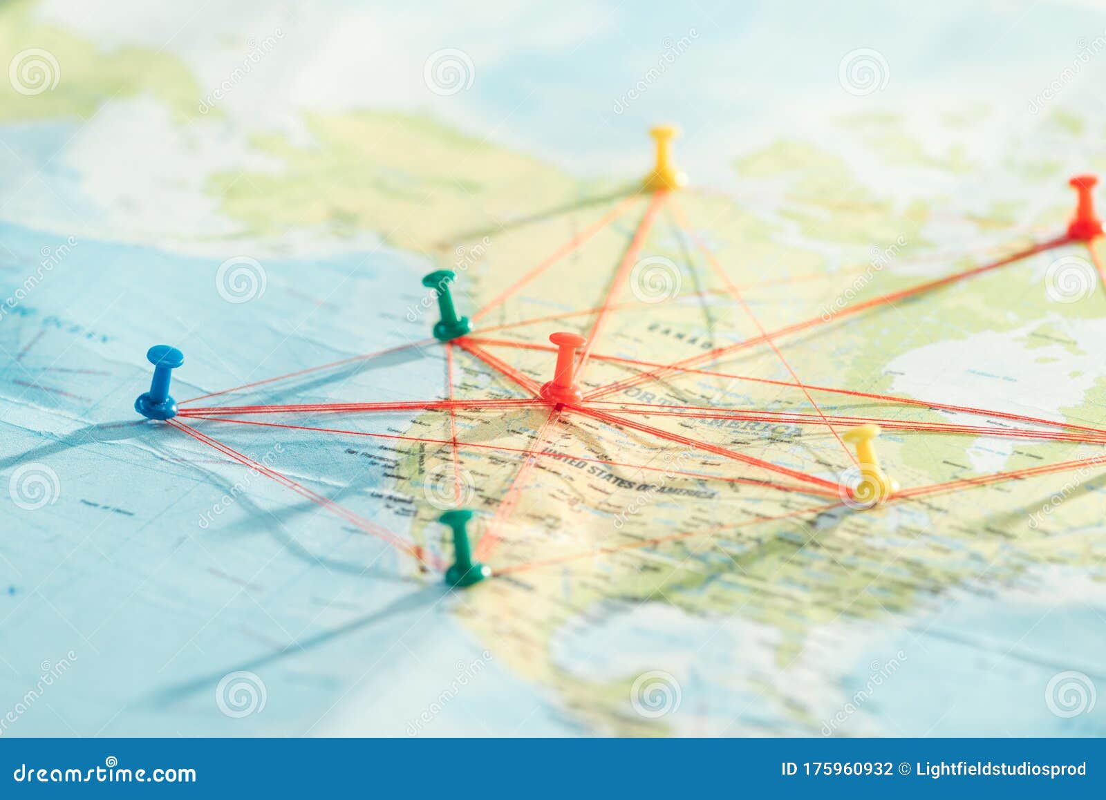 Selective Focus of Push Pins and Strings on World Map. Stock Photo ...