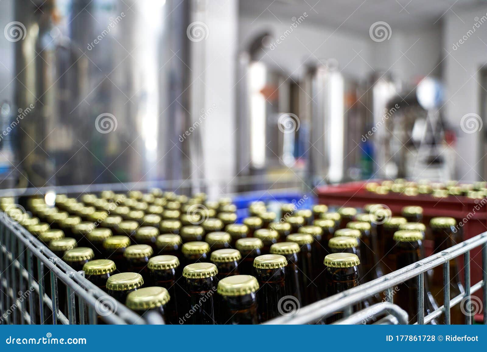 Selective Focus on a Raw of Capped Beer Bottles in a Brewery Ready To ...