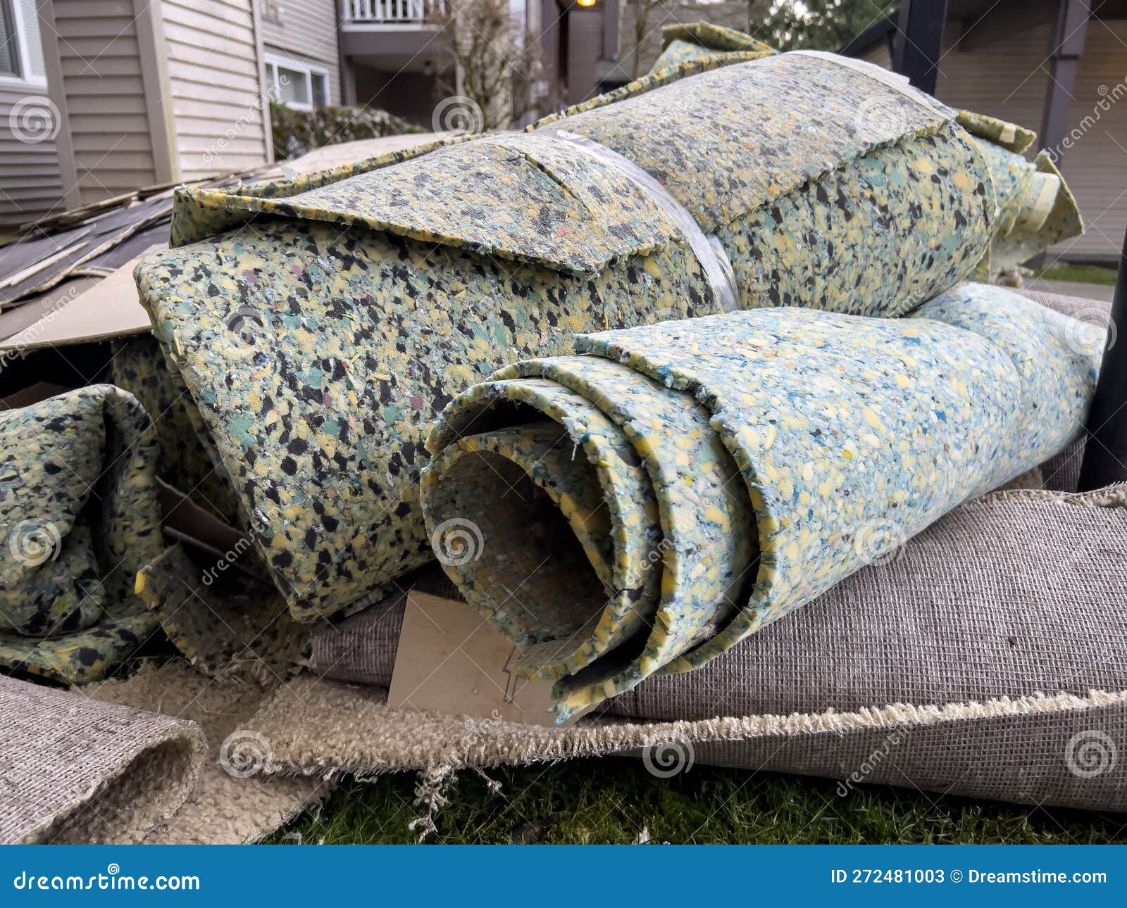 Selective Focus on Ripped Up Old Carpet Discarded in the Yard Outside ...