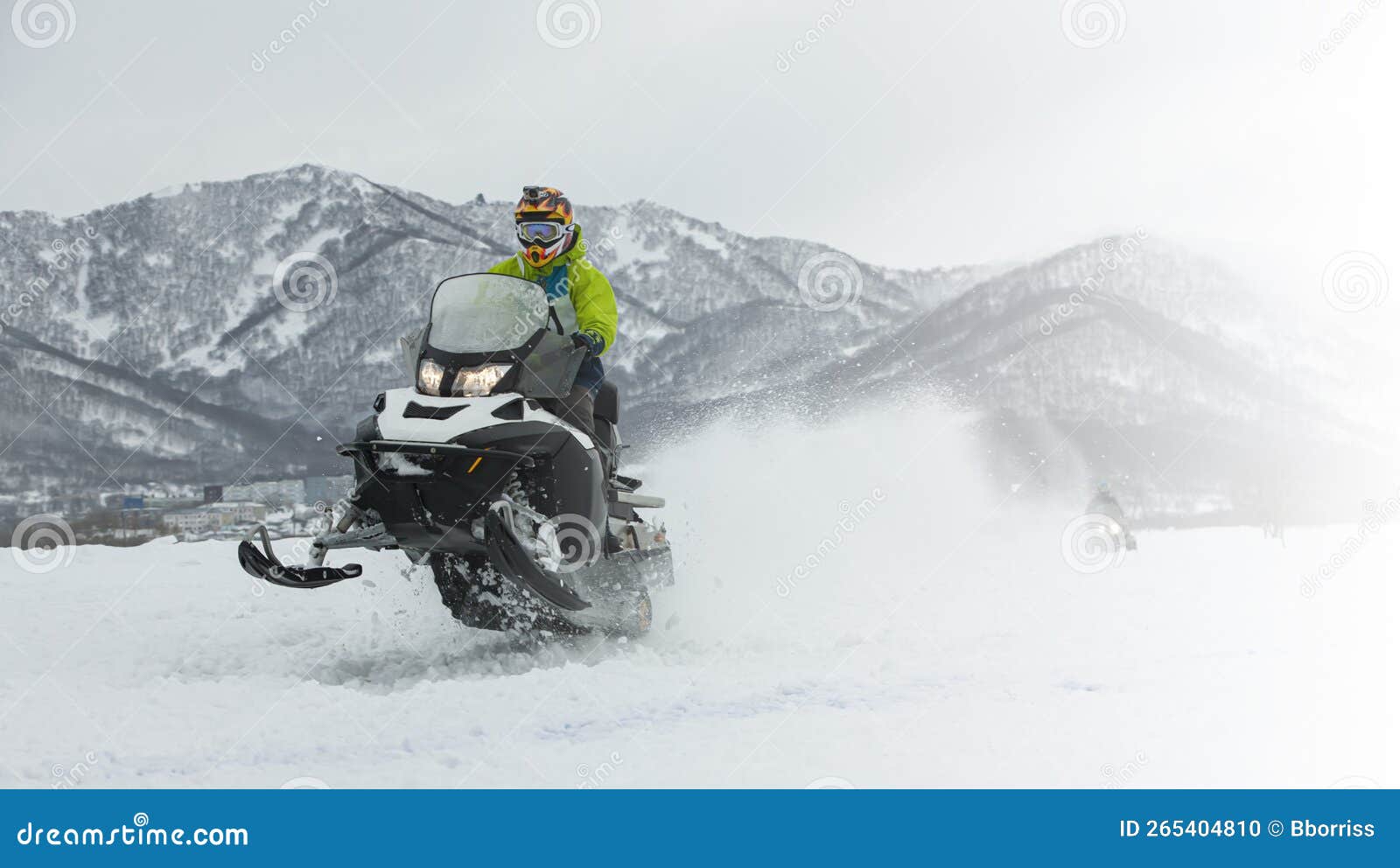 The Snowmobile in High Jump Above Track. Stock Photo - Image of blue ...