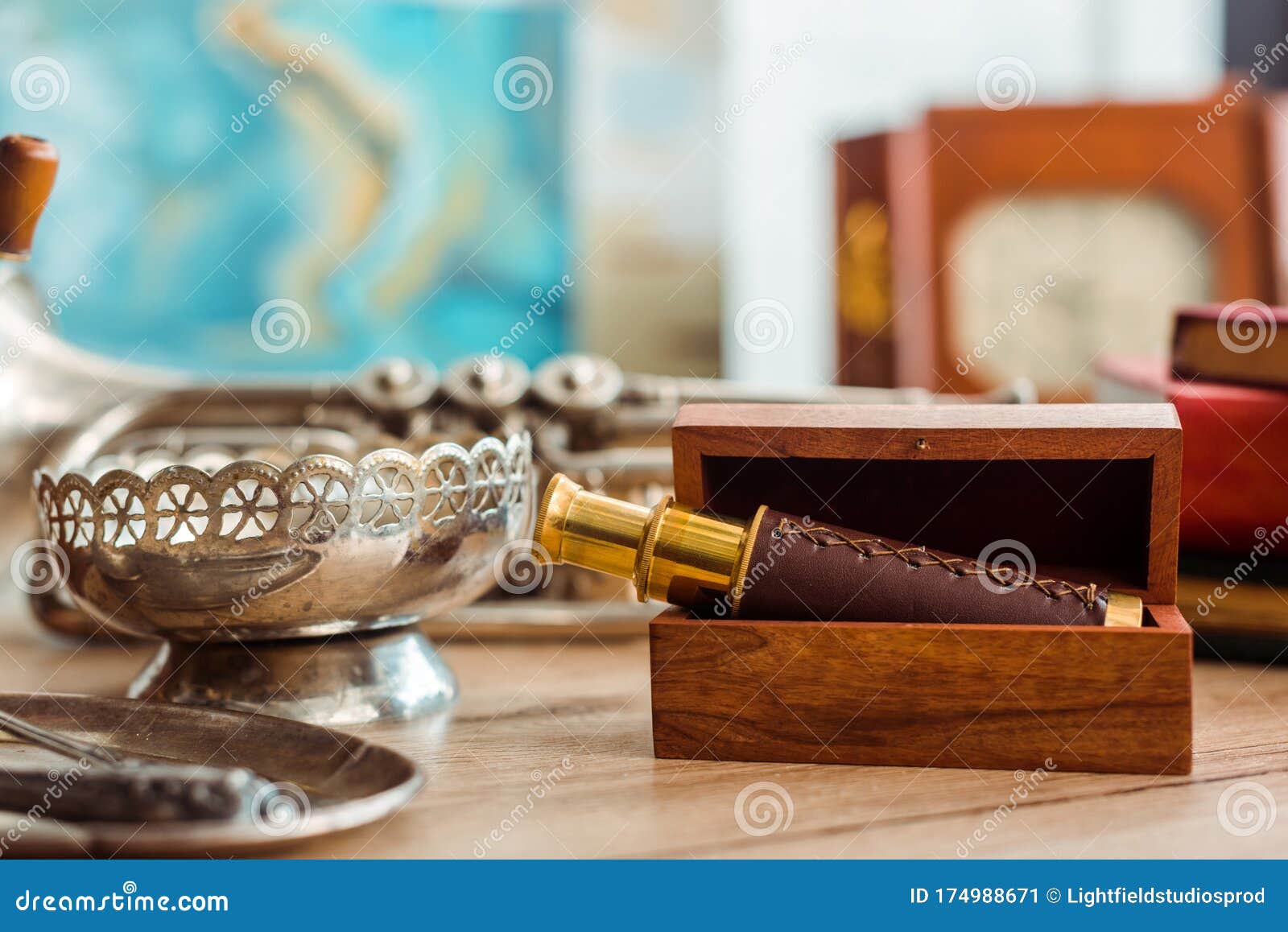 Selective Focus of Spyglass in Box Stock Image - Image of business ...