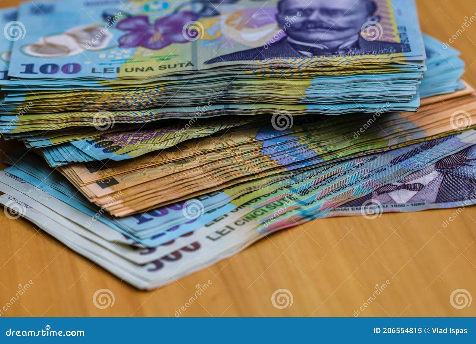Selective Focus on Stack of LEI Romanian Money. Lei Banknotes Isolated ...