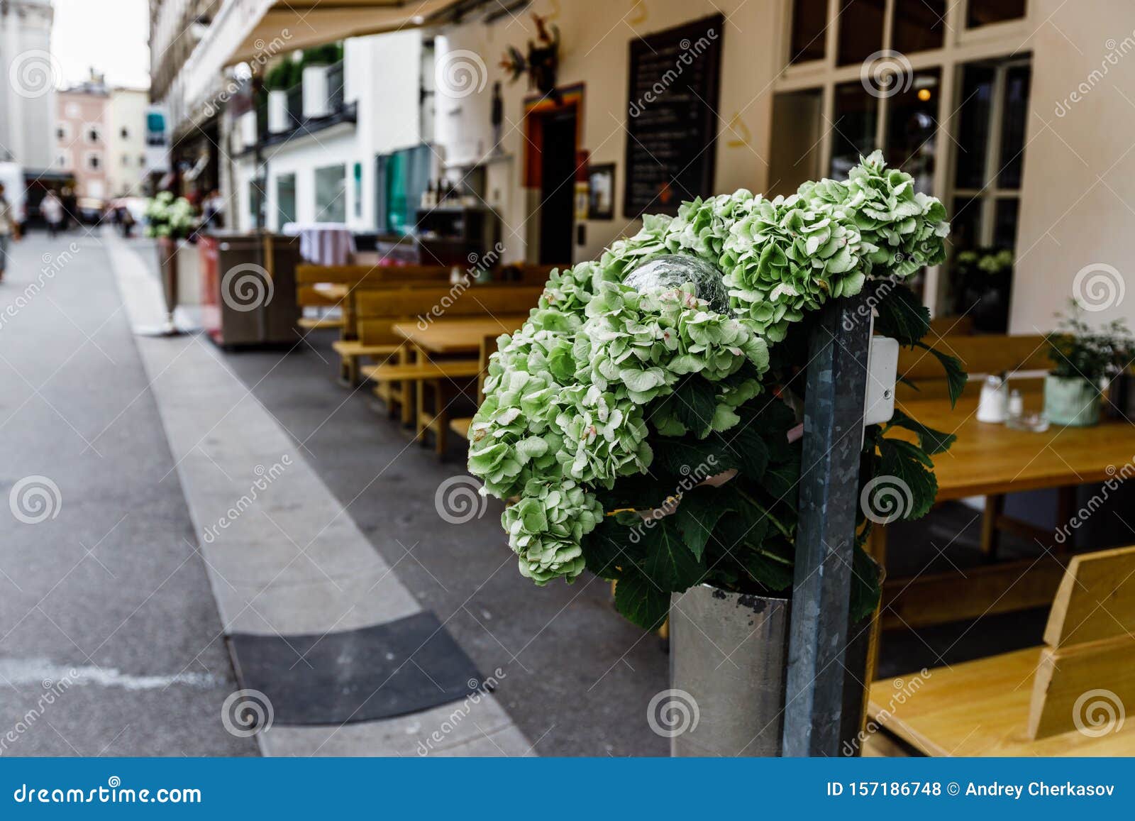 Selective Focus of Table of Coffee Shop Outside View in Autria Stock ...