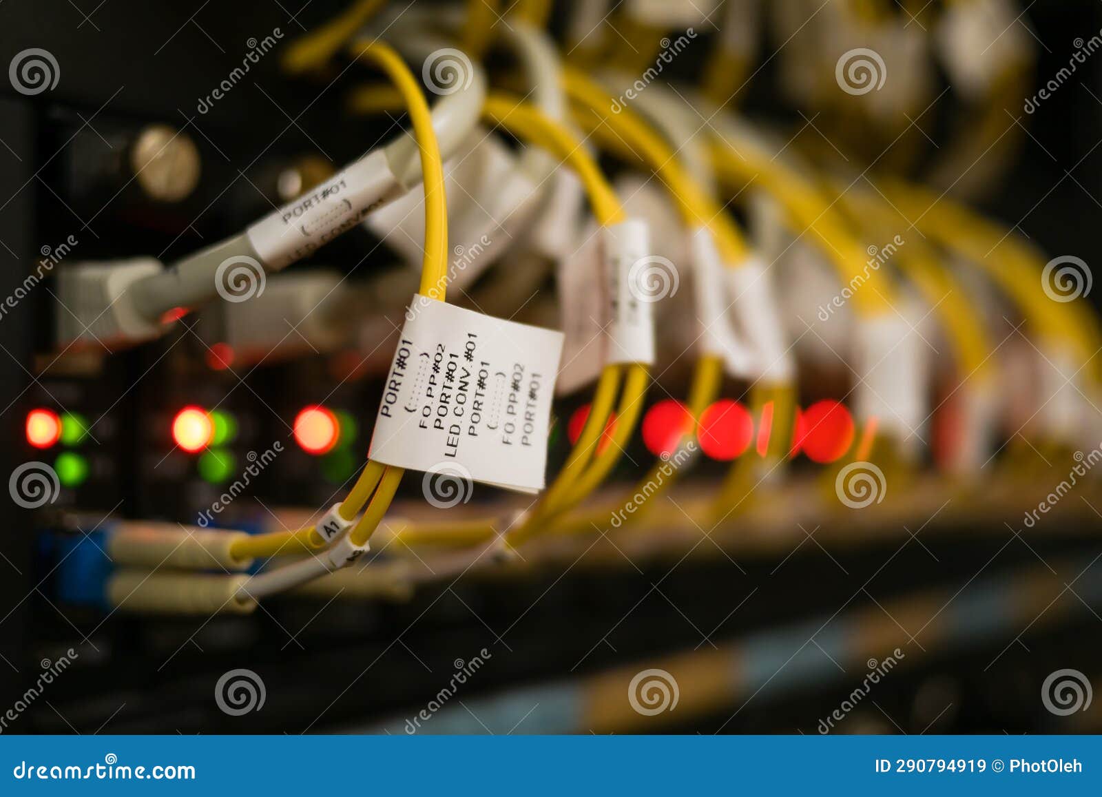 Selective Focus on the Tag of Fiber Optic Cables Connected To Optical ...