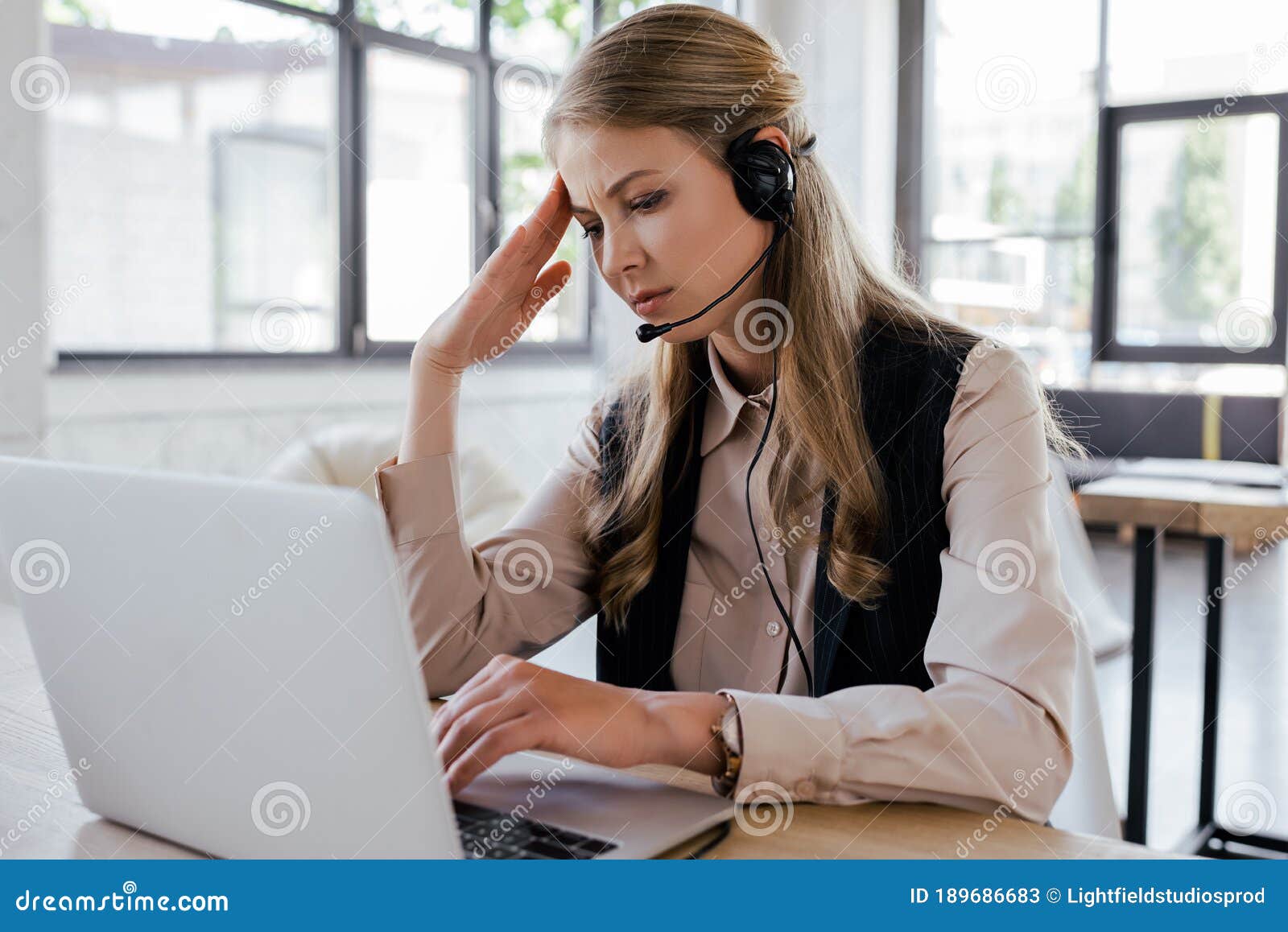 Selective Focus of Tired Operator in Stock Image - Image of profession ...