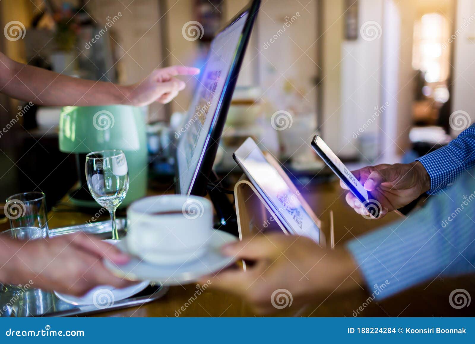 Selective Focus To Tablet and Blurry Customer Using Smart Phone Scan QR ...