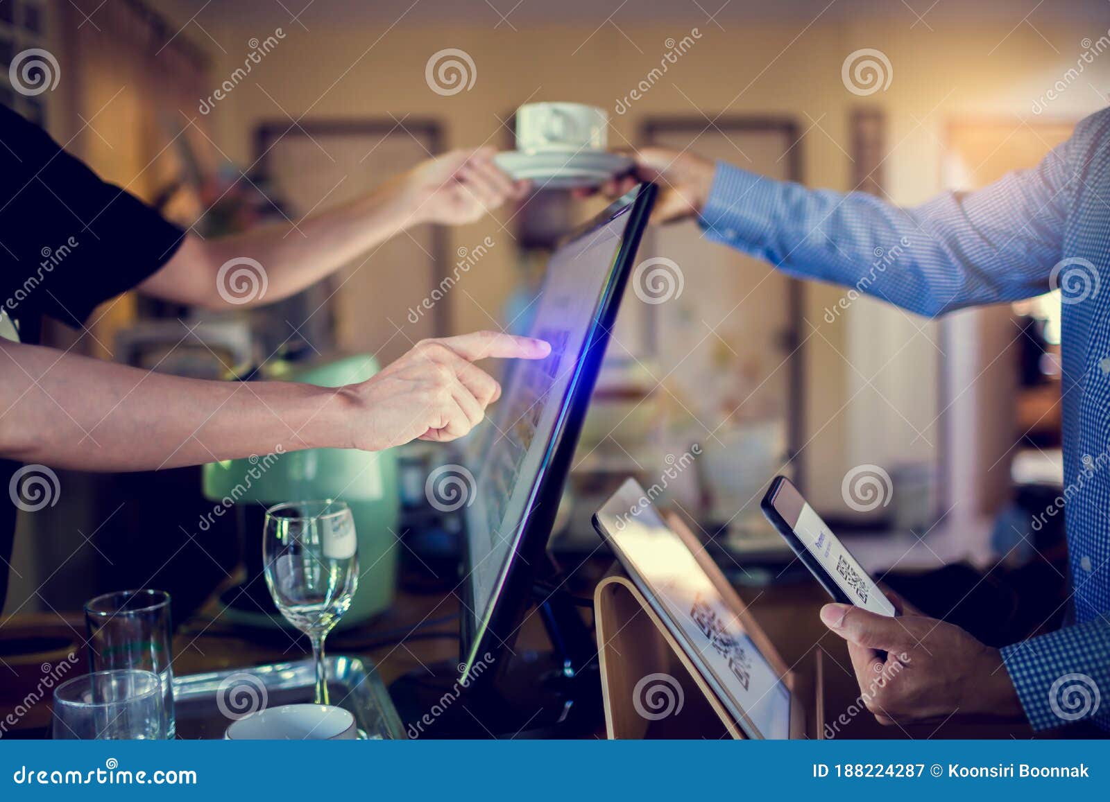 Selective Focus To Tablet and Blurry Customer Using Smart Phone Scan QR ...