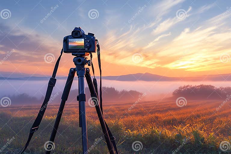 Selective Focus on Tripod Mounted Camera Capturing Misty Summer ...
