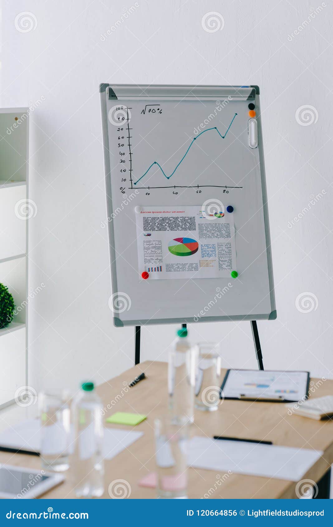 Selective Focus of White Board with Graphic, Glasses of Water and ...