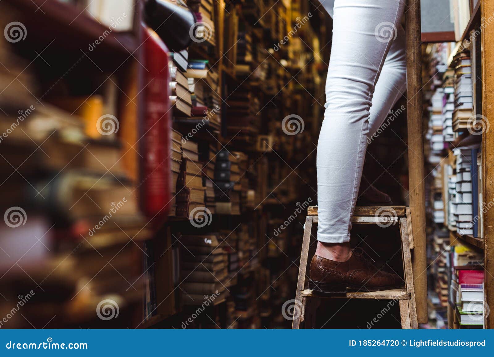 Focus of Woman Standing on Wooden Ladder in Library Stock Photo - Image ...