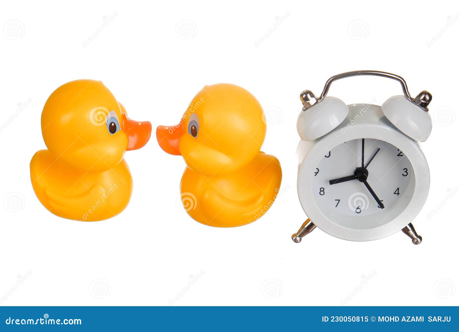 Selective Focus, Yellow Rubber Duck with Alarm Clock Isolated Stock ...