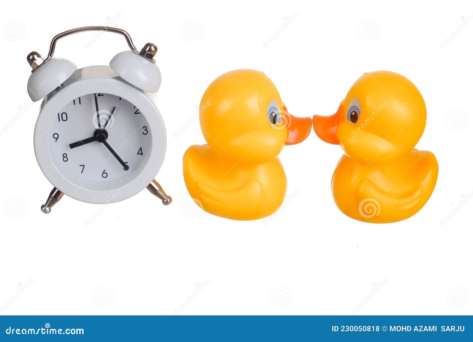 Selective Focus, Yellow Rubber Duck with Alarm Clock Isolated Stock ...