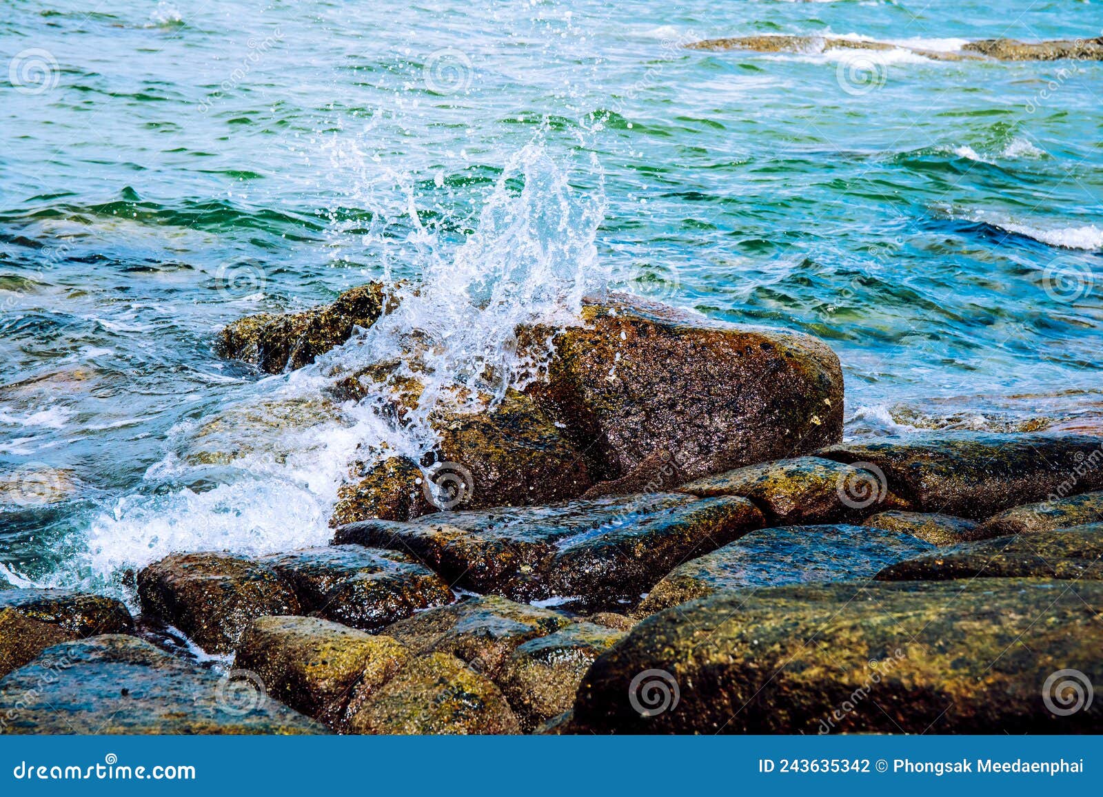 Sea Water Wave with Stone Rock of Beach. Stock Photo - Image of sand ...