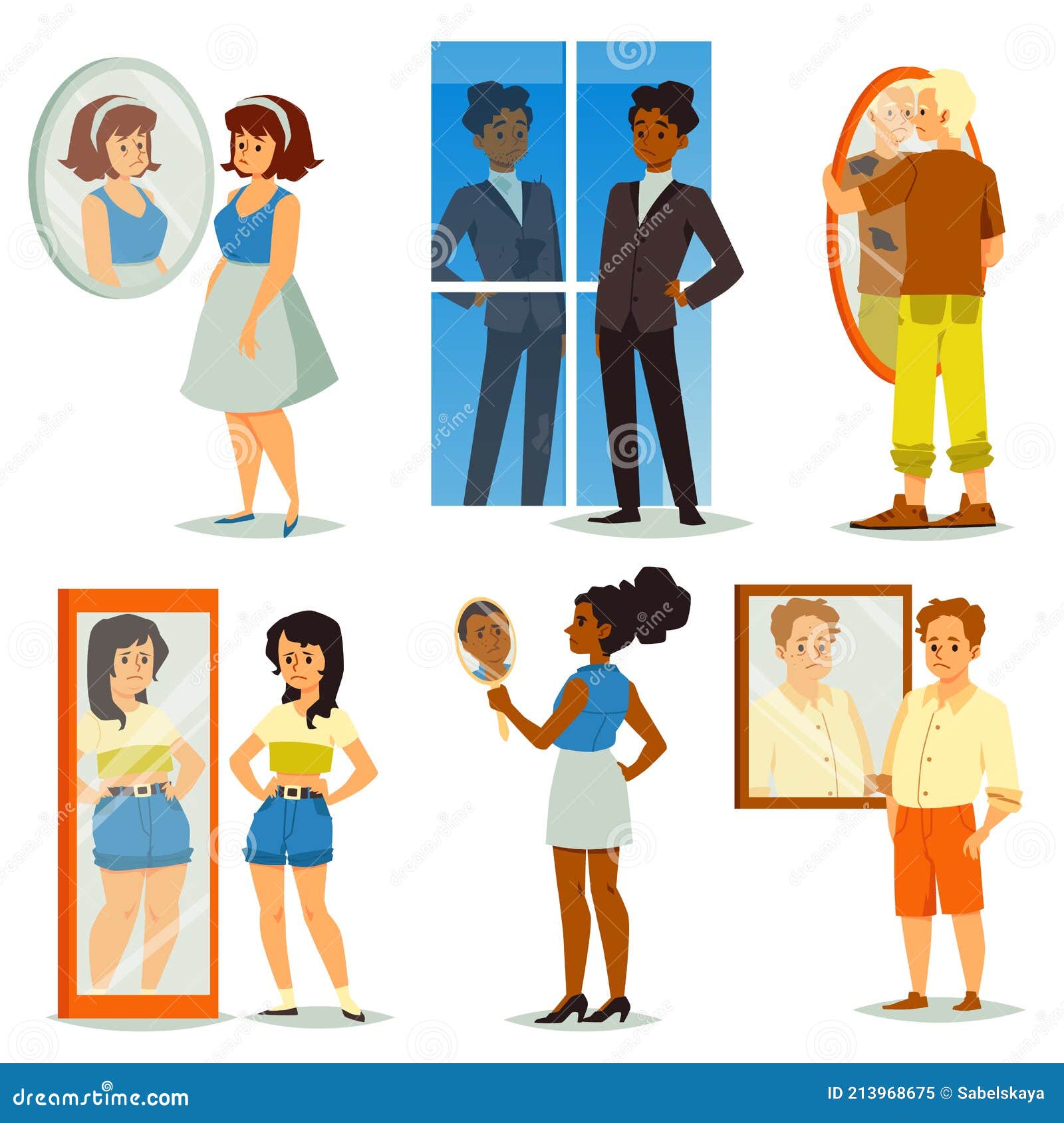 Self-acceptance Set with Not Satisfied People, Flat Vector Illustration ...