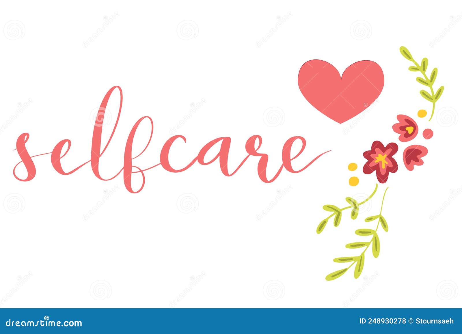 Self Care Hand Drawn Lettering Design with Flowers and Heart Hand ...