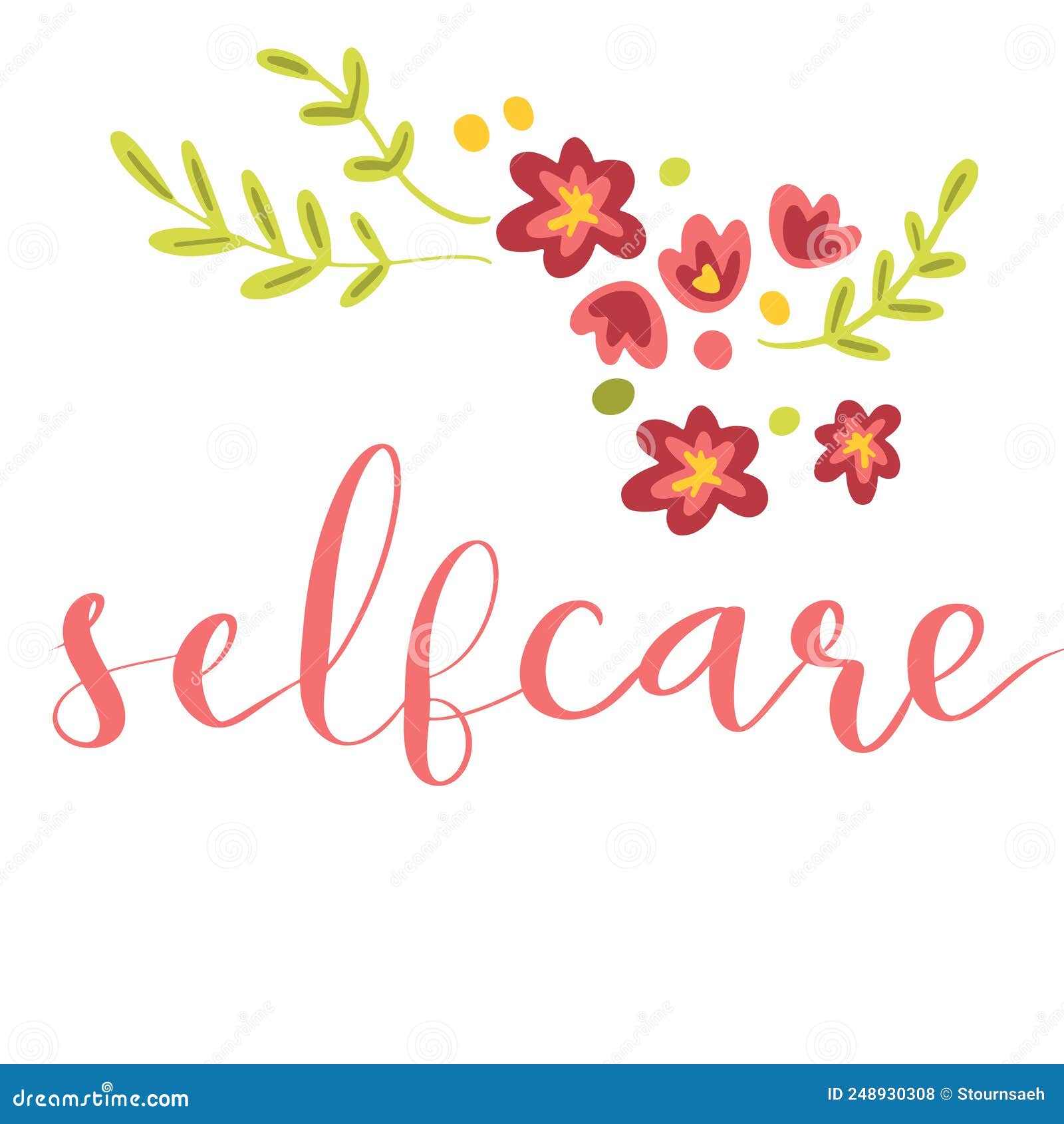 Self Care Hand Drawn Lettering Design with Flowers and Heart Hand ...