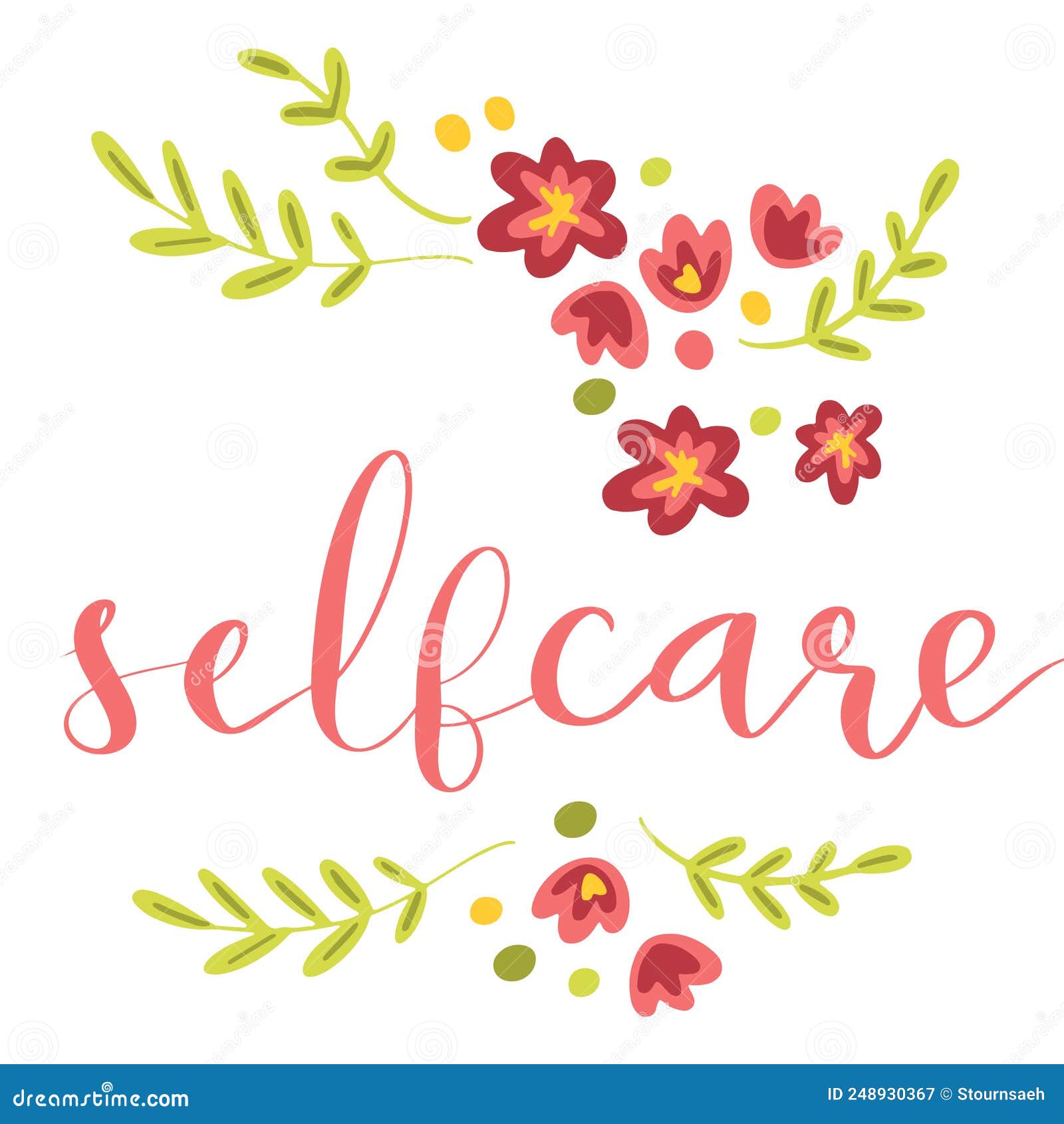 Self Care Hand Drawn Lettering Design with Flowers and Heart Hand ...